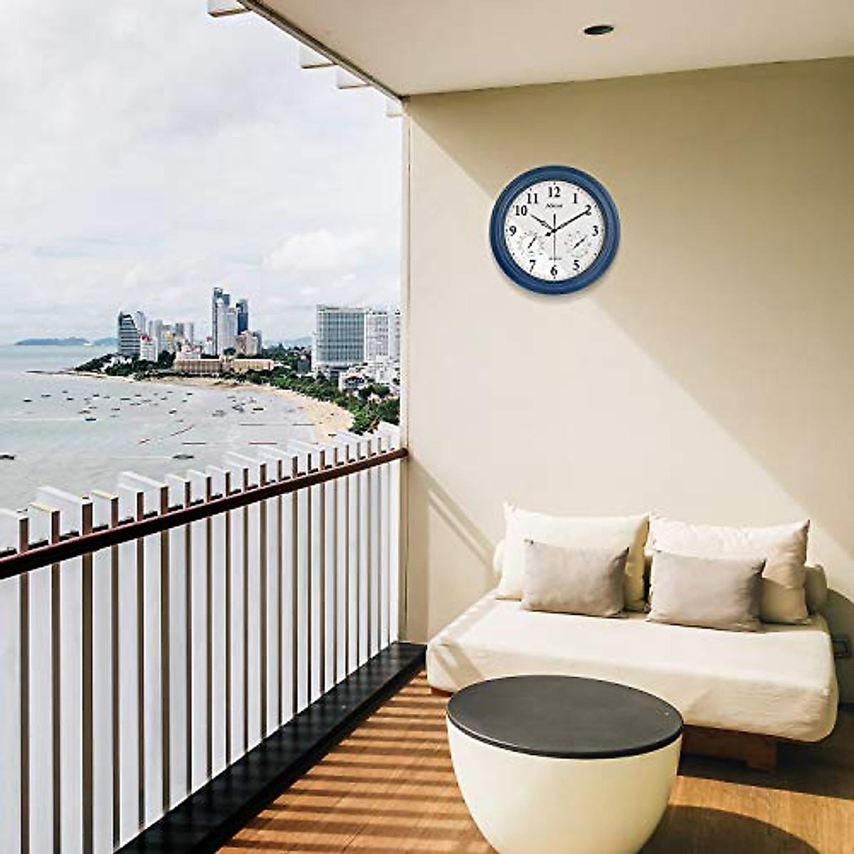 Outdoor Clocks with Thermometer and Hygrometer Combo, Waterproof Metal Wall Clock, Large Display Silent Non Ticking Battery Operated Clock for Garden/Patio/Pool/Lanai/Fence (18 Inch, Navy Blue)