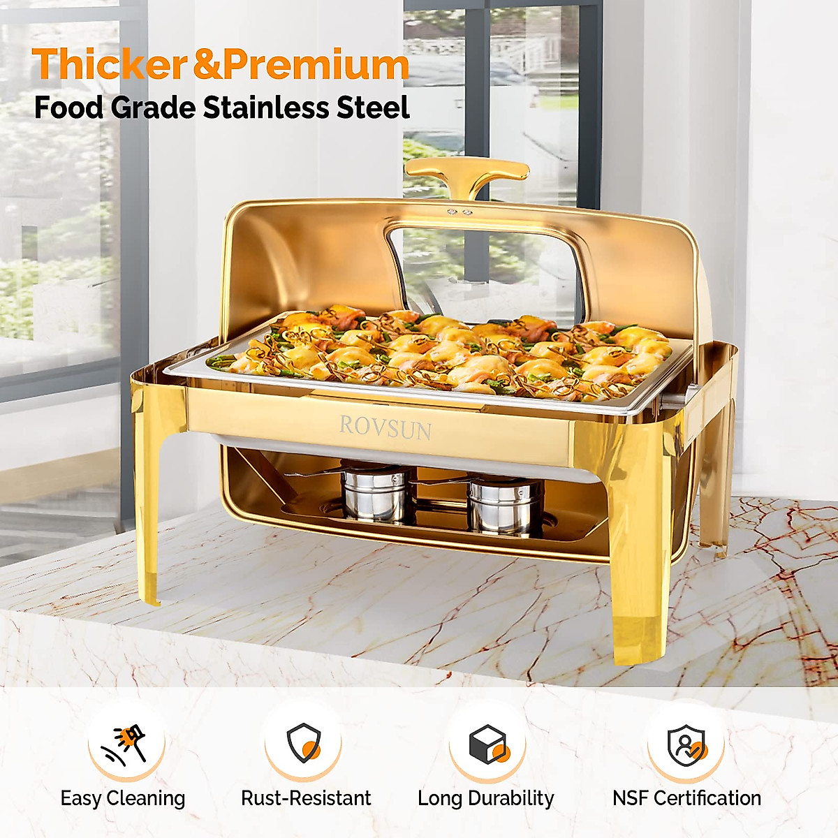ROVSUN 9QT Roll Top Chafing Dish Buffet Set,Rectangular NSF Stainless Steel Buffet Warmer Chafers and Buffet Warmers Sets with Thick Frame for Catering Events Parties Weddings Dinners,Gold