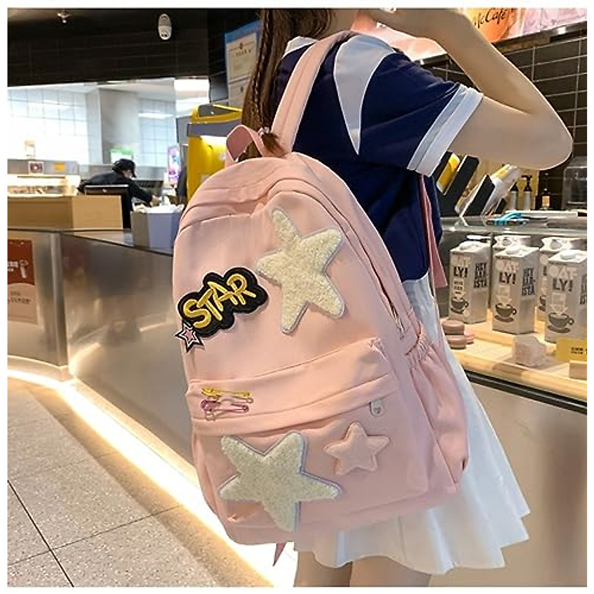 STRGZR Kawaii Cute Backpack, Aesthetic Y2K Retro Star Graphic Harajuku Backpack Laptop Backpack Travel Casual Daypack (Pink)