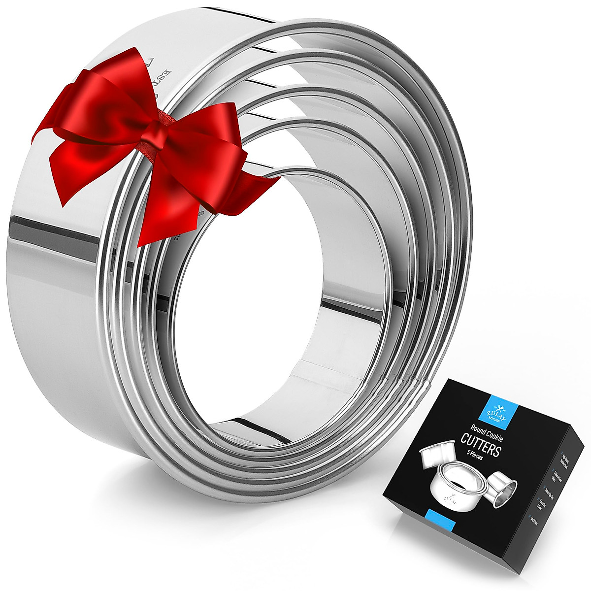 Zulay (5-Pieces) Round Cookie Cutters - Stainless Steel Rustproof Circle Biscuit Cutter Molds - Assorted Round Cookie Cutters With Rolled Top Edges For Dough & Pastries