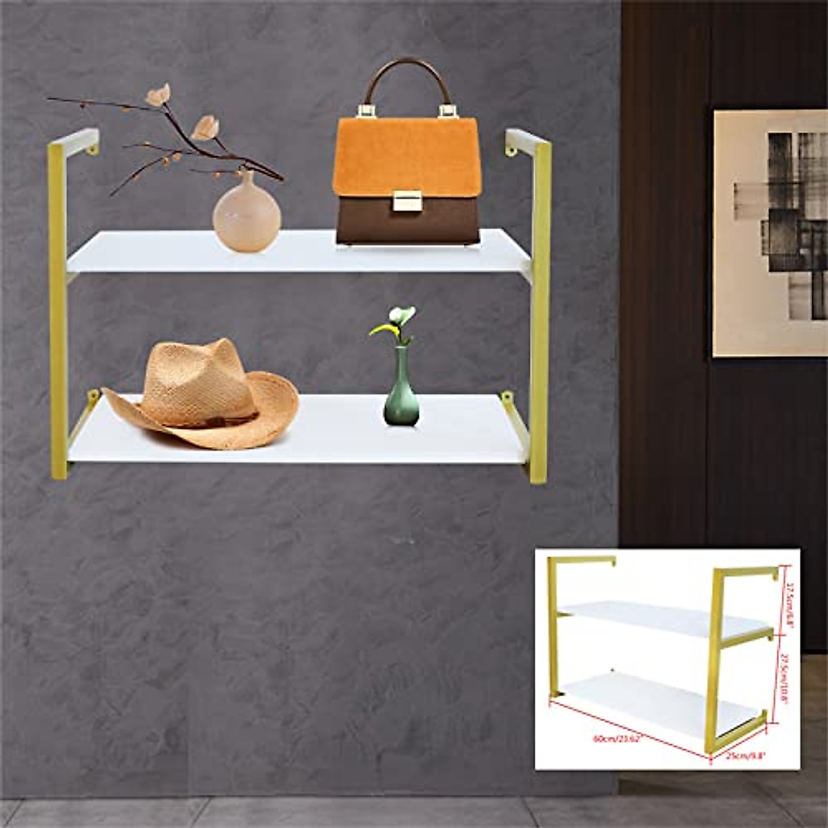 Gdrasuya10 Floating Shelves Wall Mounted, Modern Wood Storage Shelf, with Golden Metal Brackets Decor Wall Shelving for Bedroom, Bathroom, Bathroom, Kitchen, Living Room (2 Tier, 24“)