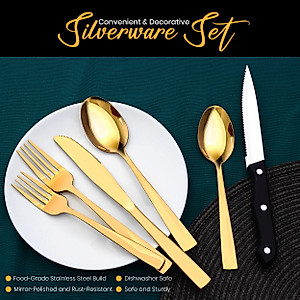 Utopia Kitchen 48 Piece Silverware Set Service for 8, Flatware Set with Steak Knives, Stainless Steel Utensil Sets, Mirror Polished Cutlery Set for Home, Kitchen, Restaurant, Dishwasher Safe - Gold