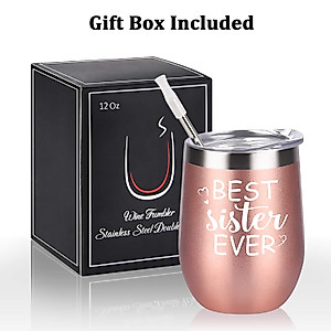 GINGPROUS Best Sister Ever Wine Tumbler with Lid, Sisters Birthday Gifts from Sister Brother Sister in Law Wine Tumbler, Stainless Steel Insulated Wine Tumbler with Straw (12 Oz, Rose Gold)