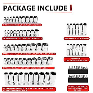 WETT 1/4" and 3/8" Drive Socket Set, 86-Piece Socket Wrench Set with Quick-Release Ratchet, Extention Bar, Adapter, 1/4" Bits, CR-V Steel, Metric/SAE, Deep/Shallow, Mirror Chrome Finish