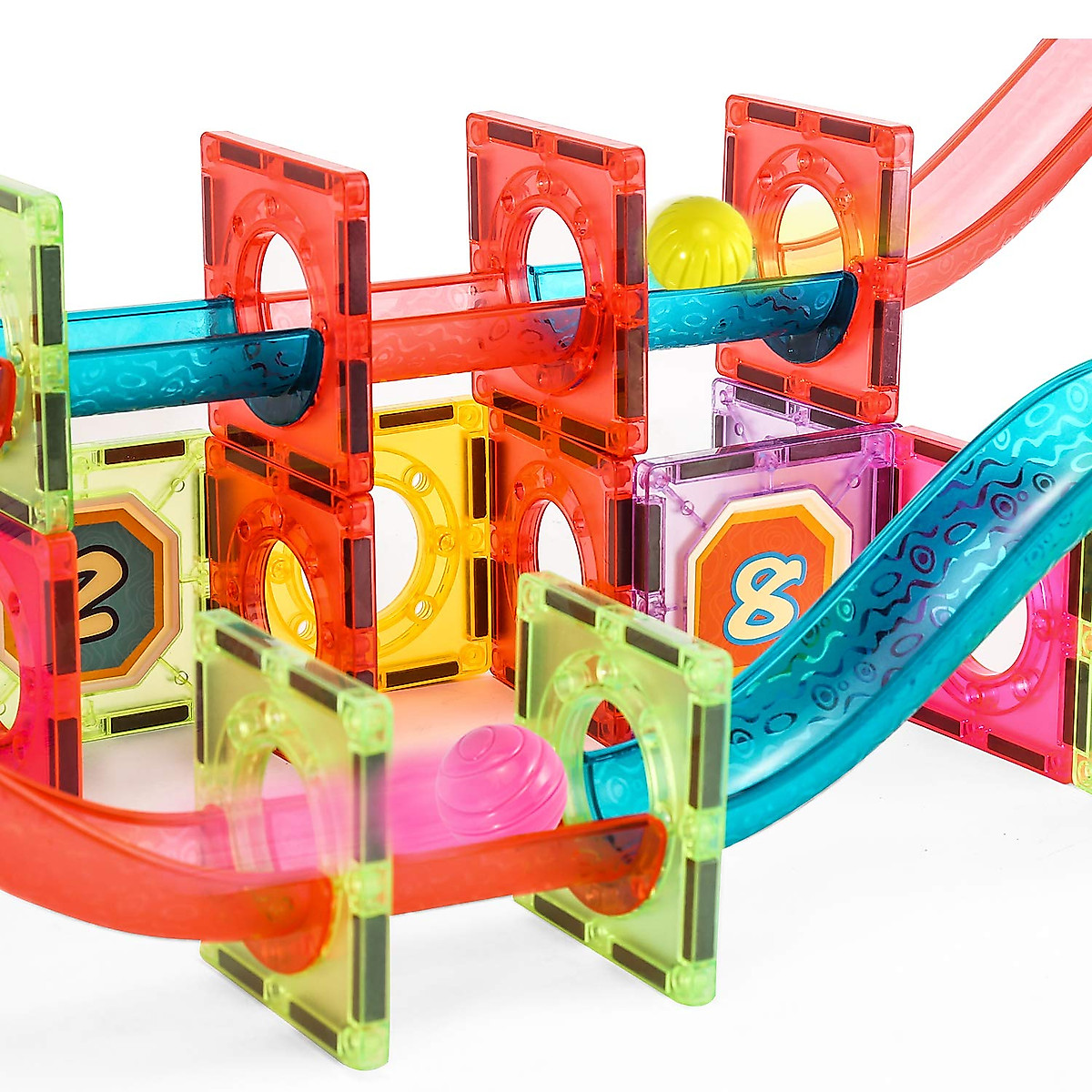 FUNTECH Magnetic Tiles, Magnetic Pipe Blocks, Marble Run STEM Building Set, 110Piece, GIft for Children Boys and Girls