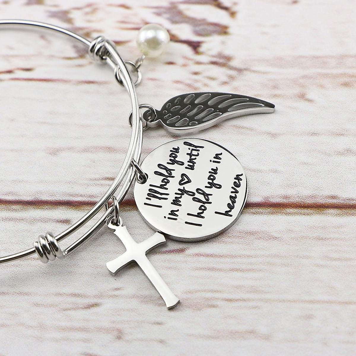 Awegift MEMGIFT Memorial Jewelry Loss of Loved Mom Dad Grandma Expandable Bracelet Angel Wing I'll Hold You in My Heart Until I can Hold You in Heaven