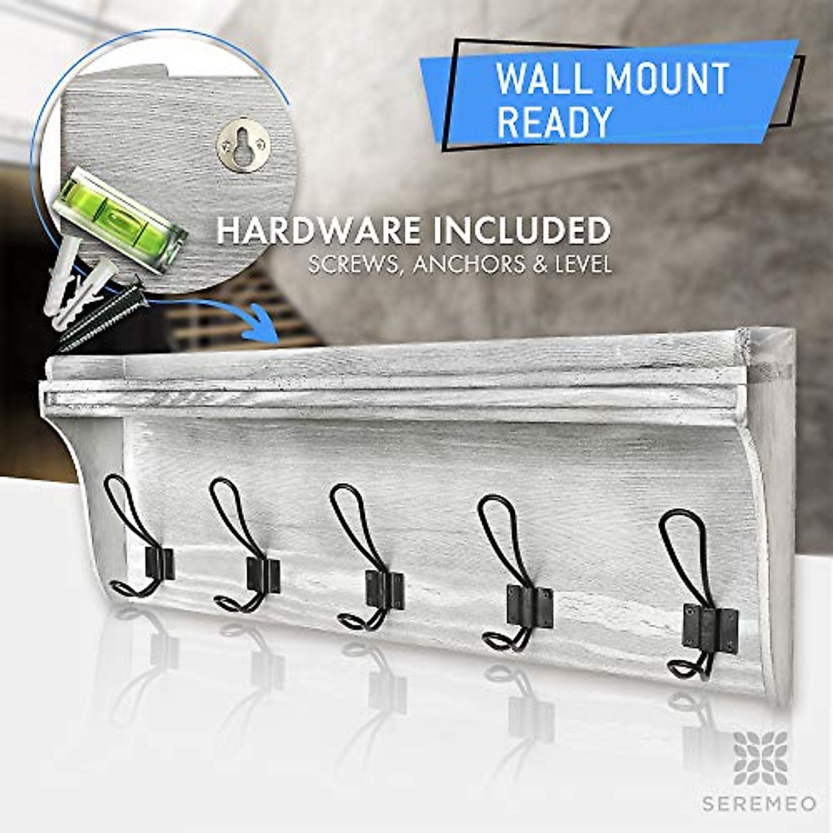 Seremeo Wooden Coat Rack, Wall Mounted Coat Rack with Shelf, Grey or Brown Mudroom Organizer, 26 inch Entryway Shelf with 5 Coat Hooks (Rustic Grey or Brown)