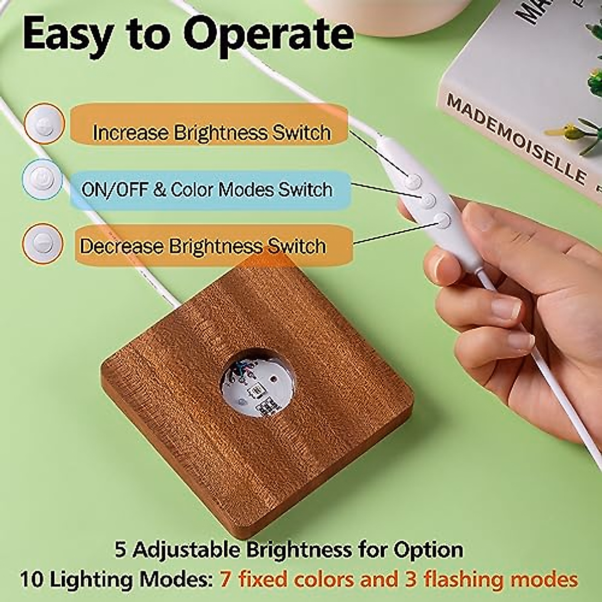 ERWEI LED Wood Light Display Base for Crystal Glass Art Wooden Lamp Stand Base Colorful Square Lighted Base for 3D Crystal Light Pedestal for Resin Art Acrylic Crystal Sphere Holder