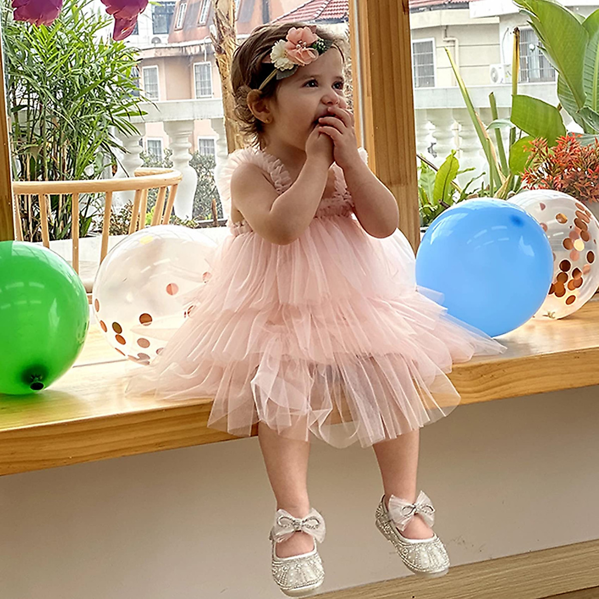 Baby Girls Toddler Tulle Tutu Dress Party Tutus Dresses with Headband Sleeveless Sundress 12 Months Blush Pink