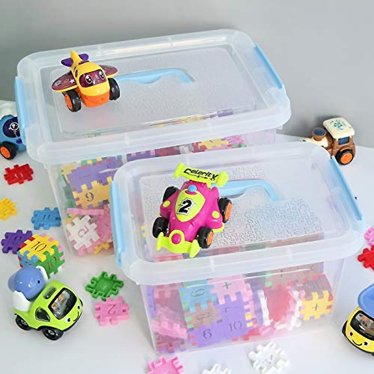 Hespama 12 Quart&6 Quart Storage Bin, Plastic Latching Box/Container with Clear Lid, Blue Handle and Latches