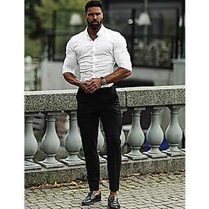 URRU Men's Muscle Dress Shirts Slim Fit Stretch Long Sleeve Casual Button Down Shirt White S