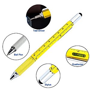 Multi-word 6 in 1 Multi Function Tool Ballpoint Pen with Ballpoint, Ruler, Screwdriver, A Flat Head, Touch-Screen Pen, Levelgauge (2PCS Yellow)