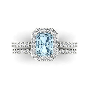 Clara Pucci 2.3 ct Emerald Cut Halo Solitaire Natural Aquamarine Designer Art Deco Statement Wedding Ring Band Set 18K White Gold 8.5