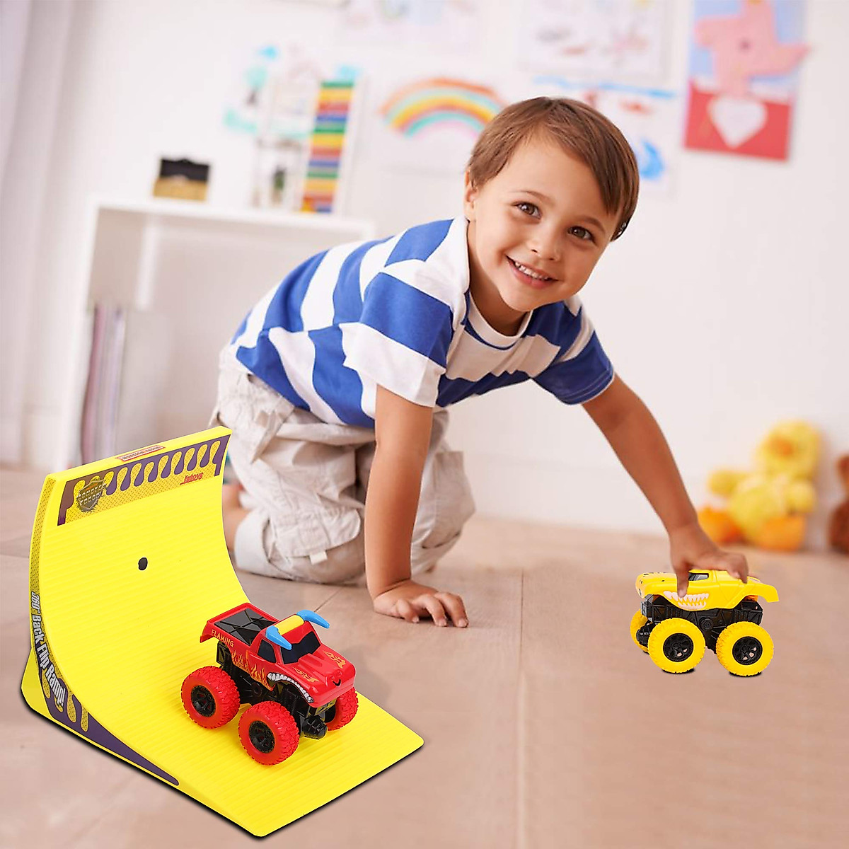 Kidstech Super Friction Monster Trucks with 360 Degrees Back Flip Ramp Track Set of 2 Cars - Push N Go Large Wheel Cars for Kids Ages 3+ (Colors May Vary)