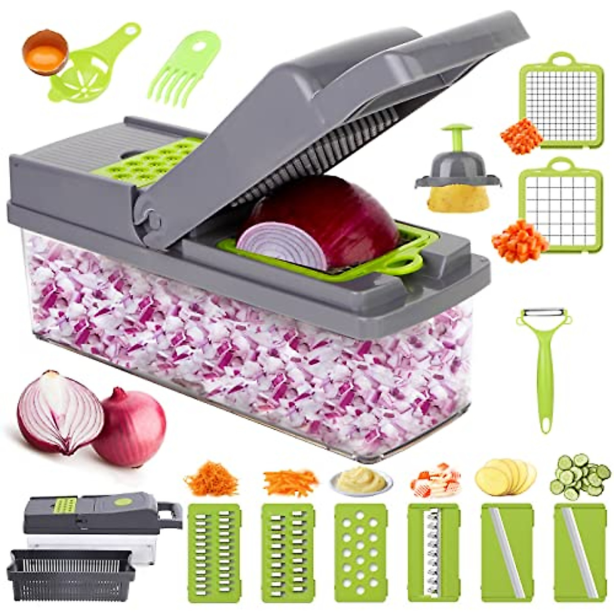 YiChenPlus Vegetable Chopper, 14-in-1 Food Chopper with Container Kitchen Vegetable Slicer/Dicer Cutter Onion Chopper With 8 Blades One-Button Press to Clean Food Residue