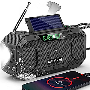 5000mAh Emergency Weather Radio with Bluetooth Speaker, Waterproof Hand Crank Digital NOAA AM FM Weather Radio, Solar Radio with Flashlight, Cell Phone Charger, Compass, Camping Survival Gear