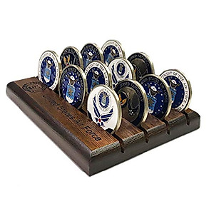 DECOMIL 4 Rows Coin Holder, US Army-Navy-Air Force-Marine Military Collectible Challenge Coin Display Case Wood Stand, Holds 12-16 Coins (Air Force)