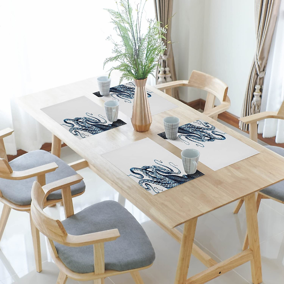 Octopus Placemats for Dining Table Set of 4, Nautical Sea Ocean Giant Octopus Tentacles Kraken Table Mats Stain Resistant Heat Insulation Non-Slip Washable Table Decoration for Kitchen, Blue