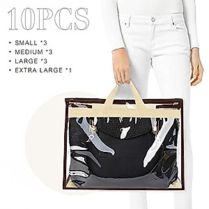 Uizokequq 10 Pack Dust bag for handbag - 4 Sizes Clear Purse Storage Organizer for Closet, Hanging Zipper Closet Organizers and Storage, Beige