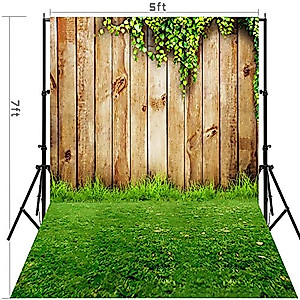 iProtech 5x7ft Vinyl Brown Wood with Green Grass Floor Photography Backdrop, Newborn Baby Shower Photographer Background Cloths, Kids 1st Birthday Photoshoot, Cake Smash Photo Booth Props(Brown Wood)
