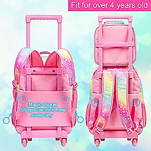 TXHVO 3PCS Rolling Backpack for Girls, Kids Rainbow Unicorn Bookbag with Roller Wheels, Cute Suitcase School Bag Set for Elementary Toddler