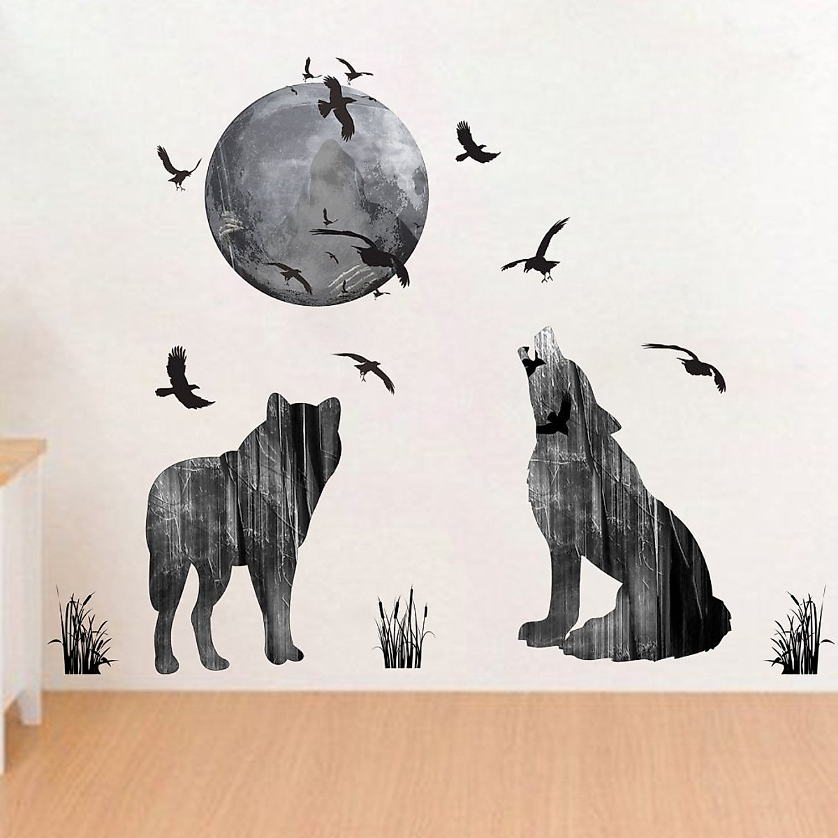 Wland 33 inches x 28 inches Moon Wolves Mountain Forests Silhouette Animals Wall Stickers Decals Decorations for Children Nursery Kids Room