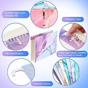 Qeeenar 30 Pcs Marble Hanging Folders with Foil Stamping Process, Including Adjustable Tabs and Inserts, Letter Size Decorative Hanging Filing Folders for Desk Office School and Home