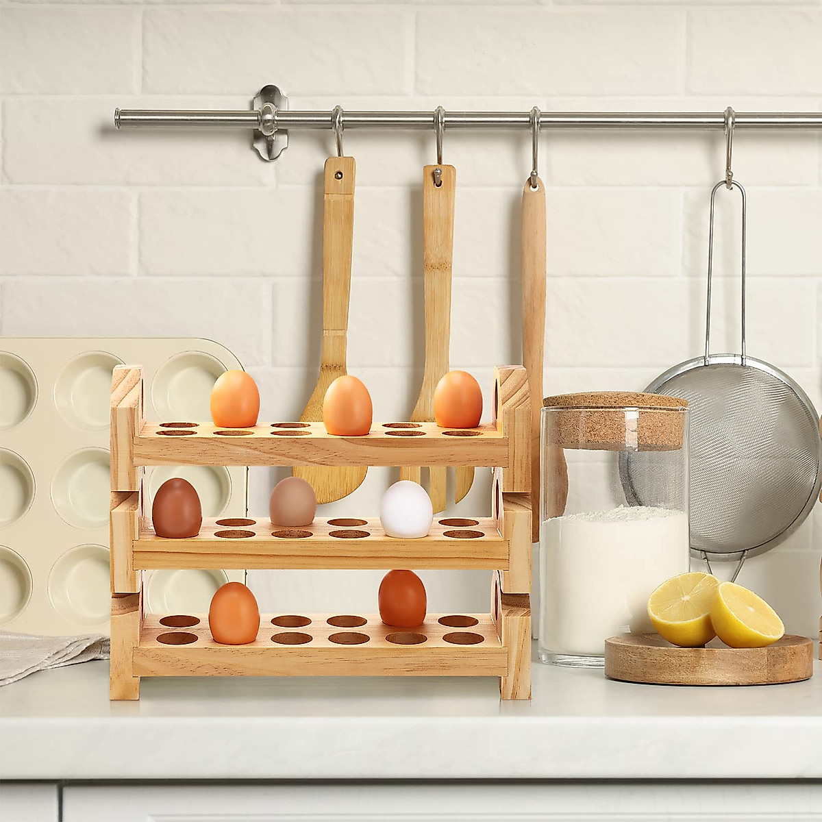 Rtteri 3 Pcs Wooden Egg Holder Countertop Stackable Egg Basket for Collecting Eggs 36 Egg Holes Farmhouse Rustic Fresh Egg Tray Rack Deviled Egg Storage for Kitchen Refrigerator, 14x3.9x3.9 Inch