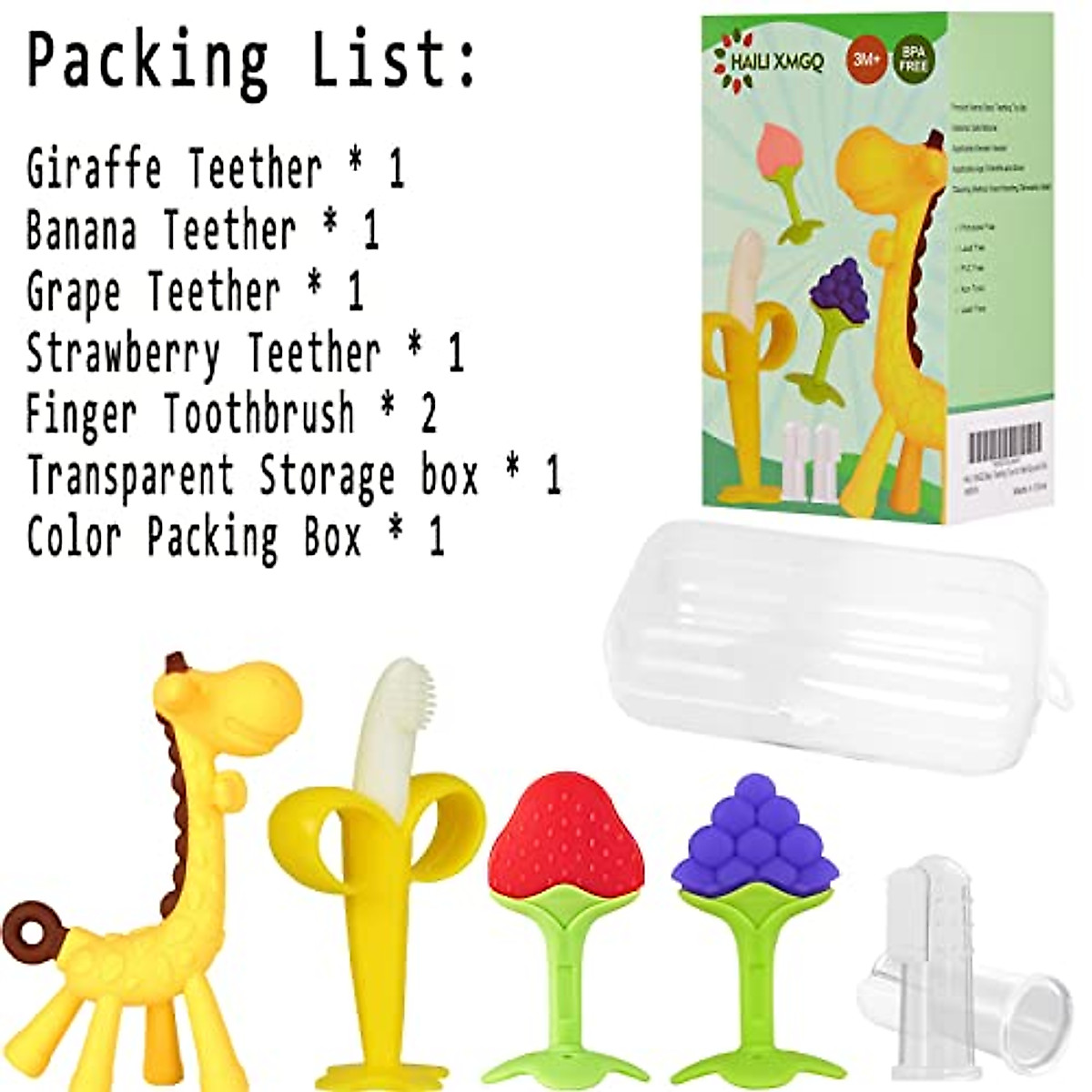 HAILI XMGQ Baby Teething Toys, Baby Teether Chew Toys Safe BPA Free Freezer Teether for Babies Silicone Banana Toothbrushes Fruit Giraffe Teethers