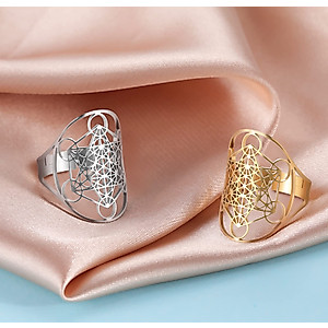 SIPURIS Metatron Cube Ring for Men Women Magic Men's Archangel Adjustable Finger Rings Signet Ring Band Stainless Steel Sacred Geometry Hexagram Protection Amulet Ring Statement Band (Gold)