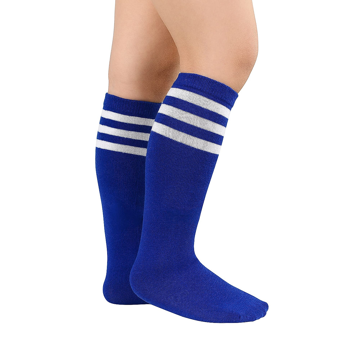 American Trends Kids Soccer Socks for Toddler Boys Girls Knee High Socks Stripes Cotton Sport Long Tube Sock 1 Pair Blue White