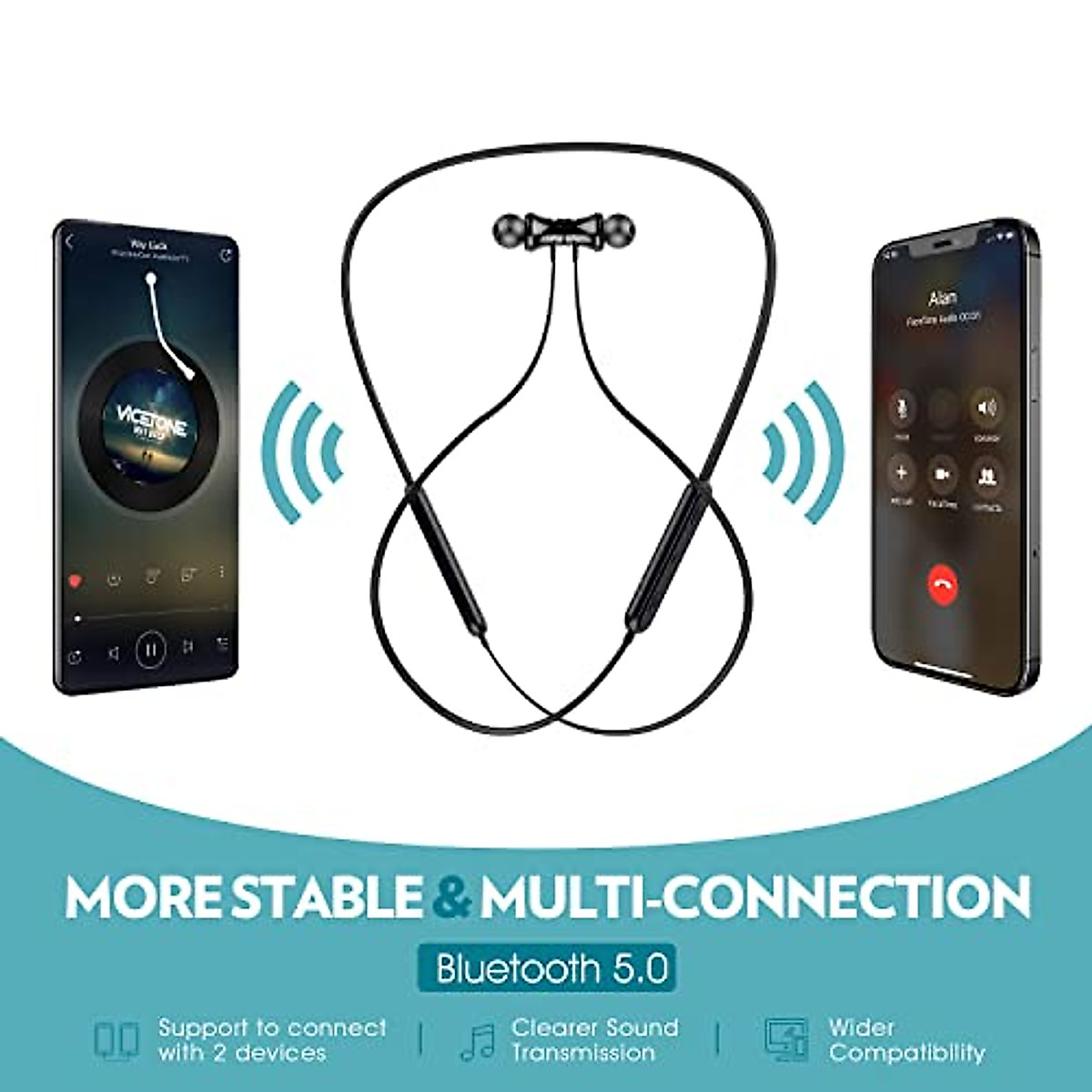 BUBEYYIE Bluetooth Neckband Headphones 20Hrs Playtime V5.0 Wireless Headset Sport Noise Cancelling Headset w/Mic for Gym Running Compatible with iOS Samsung Android