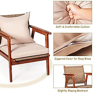 NICEDAYFY 4PCS Patio Rattan Furniture Set Acacia Wood Frame Cushioned Sofa Chair Garden Perfect to Be Placed in Your Patio, Poolside and Garden
