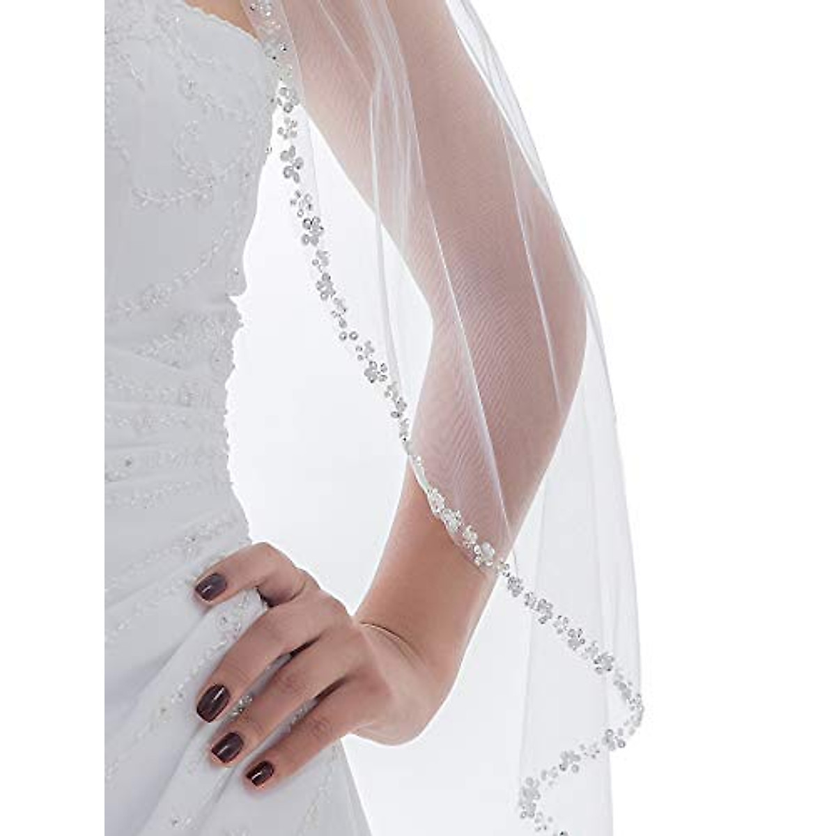 1T 1 Tier Pearls Silver Beaded Wedding Veil - Light Ivory Fingertip Length 36" V413