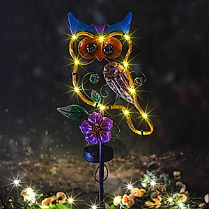 Elfengarden Garden Solar Lights Outdoor Decor - Metal OWL LED Decorative Garden Stake Lights for Walkway, Pathway, Yard, Lawn - Waterproof Solar Powered Patio Art Decor Lights