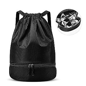 Qoosea Drawstring Backpack Sports Gym Bag with Shoe Compartment Water Resistant Drawstring Sackpack for Women Men (Black)