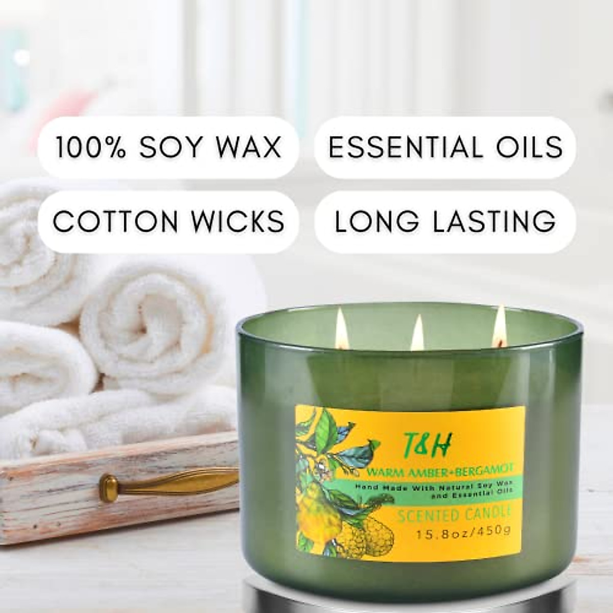 3 Wick Candle | Amber Bergamot Large Candle with Coconut, Jasmine & Balsam | Highly Scented Candles for Home | Natural Soy Candle, Relaxing Coconut Candle, Aromatherapy Candles for Men & Women 15.8 oz