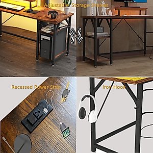 SZXKT L Shaped Gaming Desk with Power Outlets and Monitor Stand, Computer Desk with LED Lights,Home Office Desks Large Writing Study Table Workstation with Hooks Desk for Bedroom, Rustic Brown