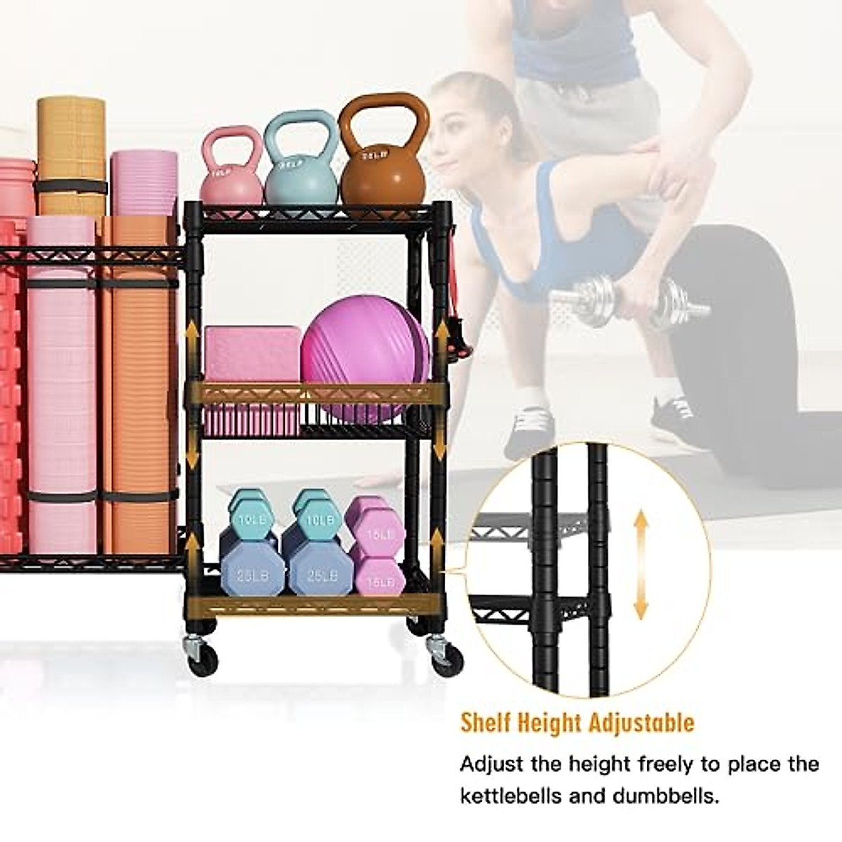 FUTASSI Home Gym Storage, Rolling Yoga Mat Storage and Organizer, Sports Equipment Storage Rack for Yoga Mats, Dumbbells, Kettlebells, Foam Rollers, Resistance Bands, 11.8"D x 36"W x 32.5"H, Black