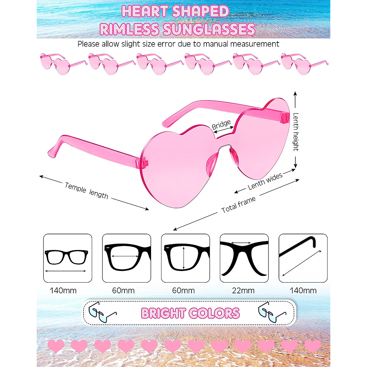Frienda 20 Pairs Heart Shaped Sunglasses Rimless Candy Color Glasses for Women Men Party Favor(Pink)