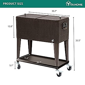 YITAHOME 80 Quart Rattan Rolling Cooler Cart with Bottle Opener Drainage, Portable Wicker Patio Cooler Rolling on Wheels, Outdoor Beverage Cart Rolling Drink Cooler for Patio Pool Deck Party Cookouts