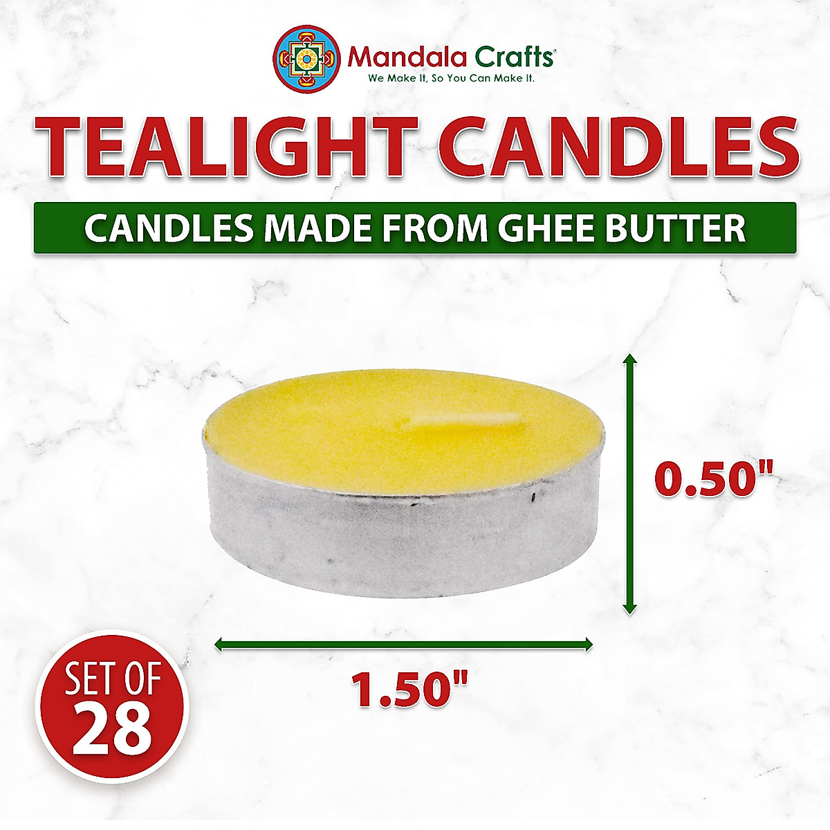 Mandala Crafts Tibetan Tealight Vanaspati Ghee Butter Lamp Candle Set for Meditation, Ceremonies, Rituals, Altars, Diwali; 28 Pack