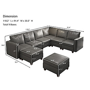 EASE MOOSE Modular Sectional Sofa with Storage, U Shaped Sectional Faux Leather Sectional Couch Large Sectional Sofa, Grey