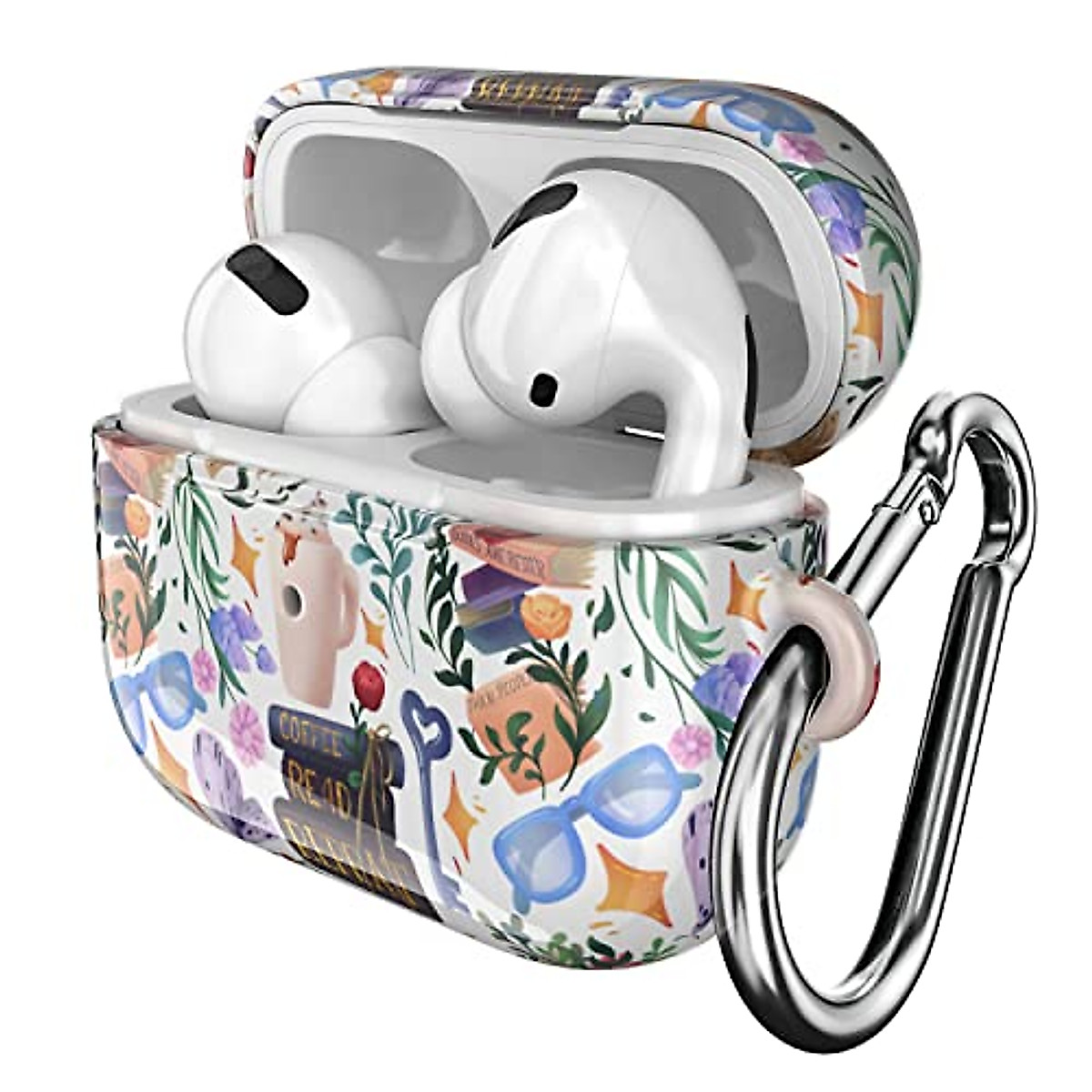 Hard Case Compatible with AirPods Pro 2 | AirPods Pro | AirPods 3 gen 2 1 Design Coffee Read Repeat Shockproof Hook Portable Cute Books Earpods Floral Nerdy Cover Protective Plastic with Keychain