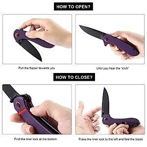 EMHTiii D2 Pocket Knife Folding Knives: 3.14" Stainless Steel Satin Blade, G10 Scales with Reversible Clip, Flipper Liner Lock, Great EDC Gifts for Men Women Camping Hiking Outdoor, Purple