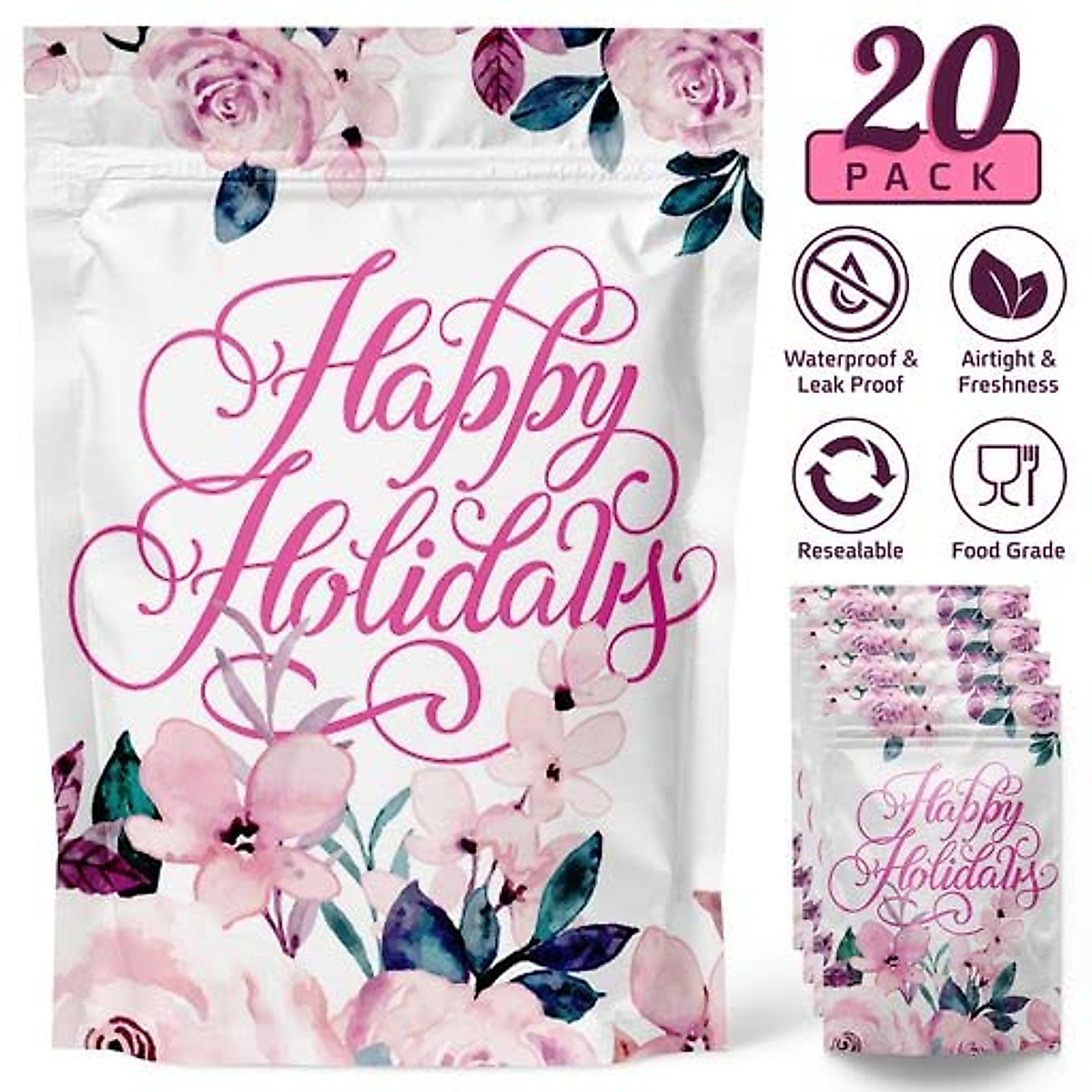Resealable Standup Bags. Happy Holidays 20 Pk – Airtight, Waterproof, Zip Lock Seal and/or Heat Seal - Opaque Foil Pouch - Food Grade Bags For long shelf-life Storage (4x6, flowery)