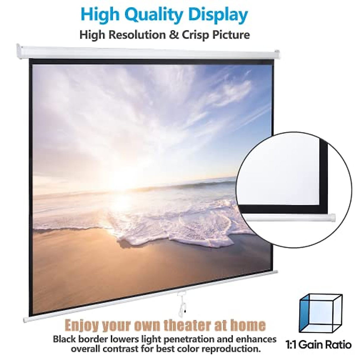 Smartxchoices 120" HD Manual Projector Screen 1.1 Format with Auto Lock Anti-Crease Home Theater Office Wall Mounted Ceiling Pull Down Projection 1.1 Gain Matte White,View Size: 84 x 84 inches