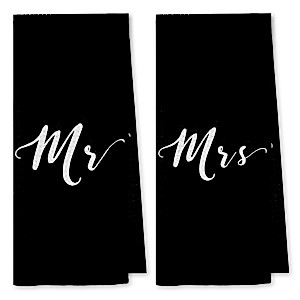 DIBOR Love Quote Mr. And Mrs. Bath Towels,Love Decorative Absorbent Drying Cloth Hand Towels Tea Towels Dishcloth For Bathroom Kitchen,Funny Couples Wedding Anniversary Valentine Gifts(Black,Set of 2)