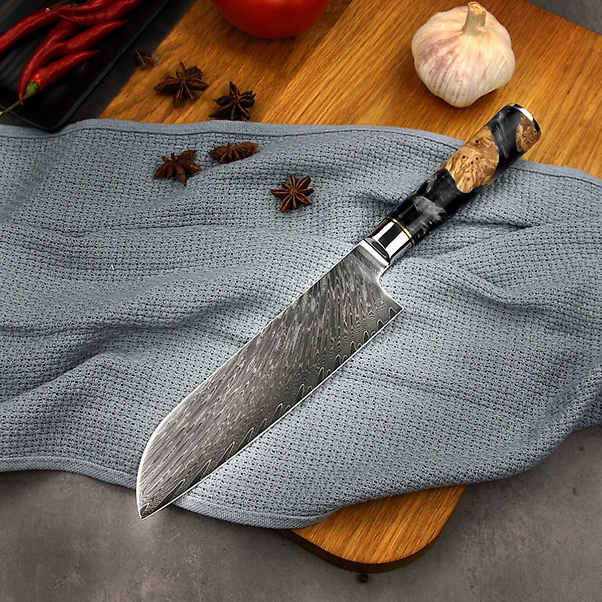 Chef's Meat Cutting Knife 7 Inch Japanese Damascus Steel Sande Knife Kitchen Cutting Meat Vegetables and Fruits Tools Resin Wooden Handle By BIEMBI