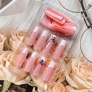 Halloween French Tip Press on Nails Long Metal Spider Glue on Fake Nails Long Square Acrylic Nails Glossy Pink White False Nail Tips Full Cover Finger Decorations Artificial Nails for Women 24Pcs